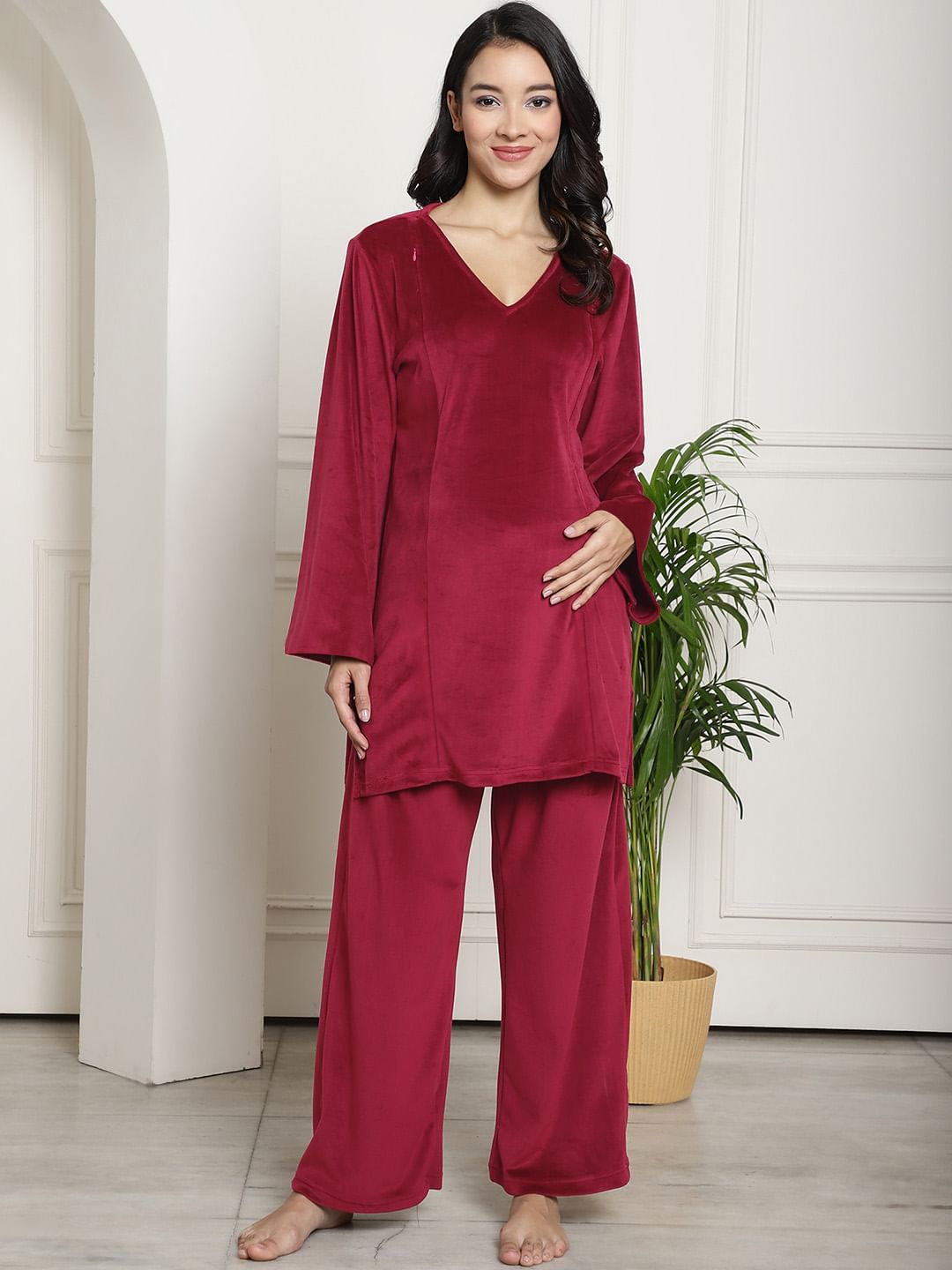 Buy Maroon Solid Velvet Maternity Night Suit Online at Secret Wish