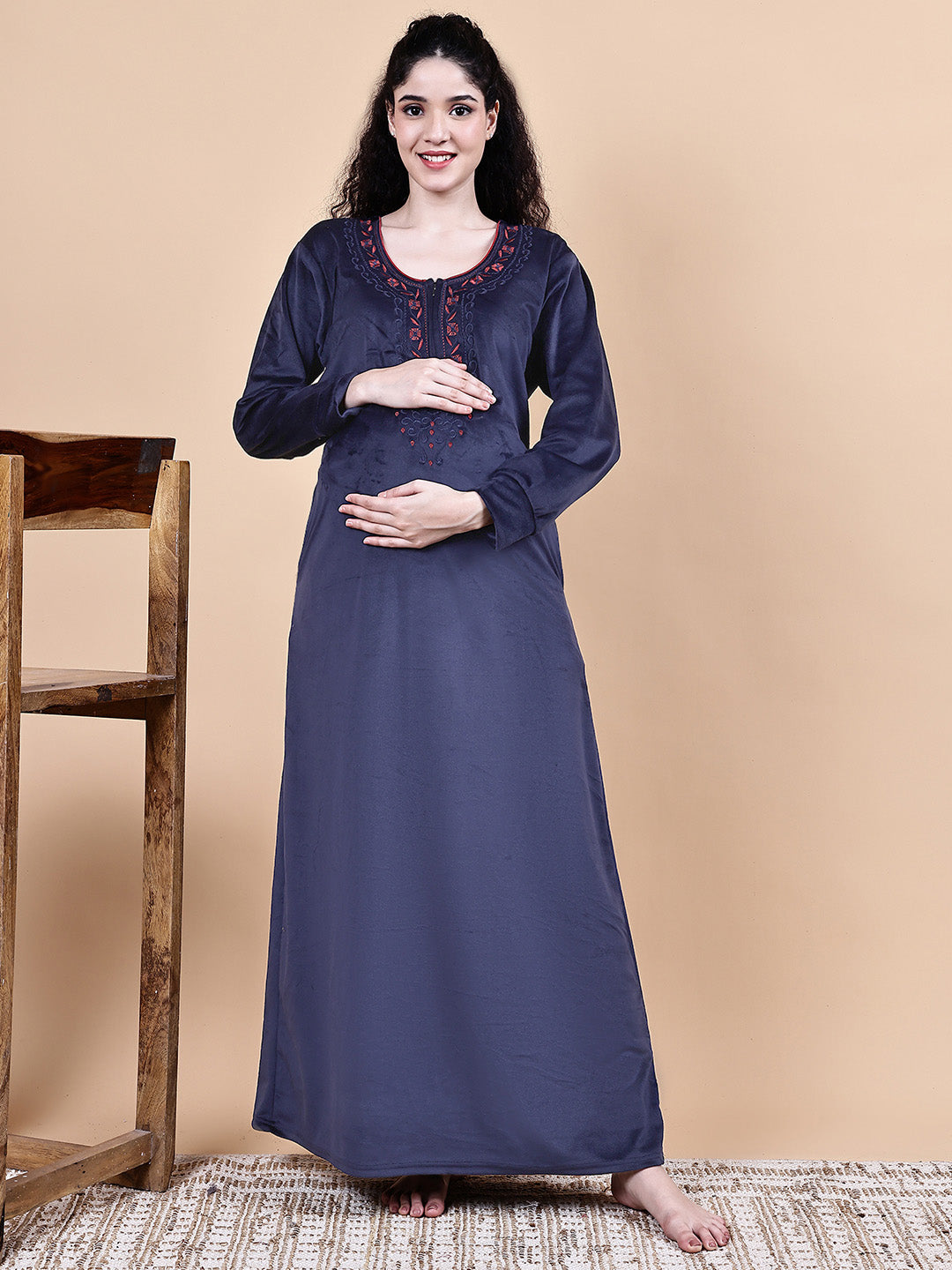 Buy Navy Blue Solid Velvet Winter Maternity Nighty Online at Secret Wish